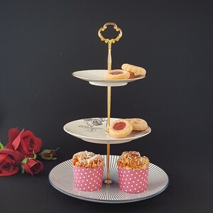 3 Tier Cake Stand, Blue Black Tier Plates, Cupcake Stand, Dessert Treat ...