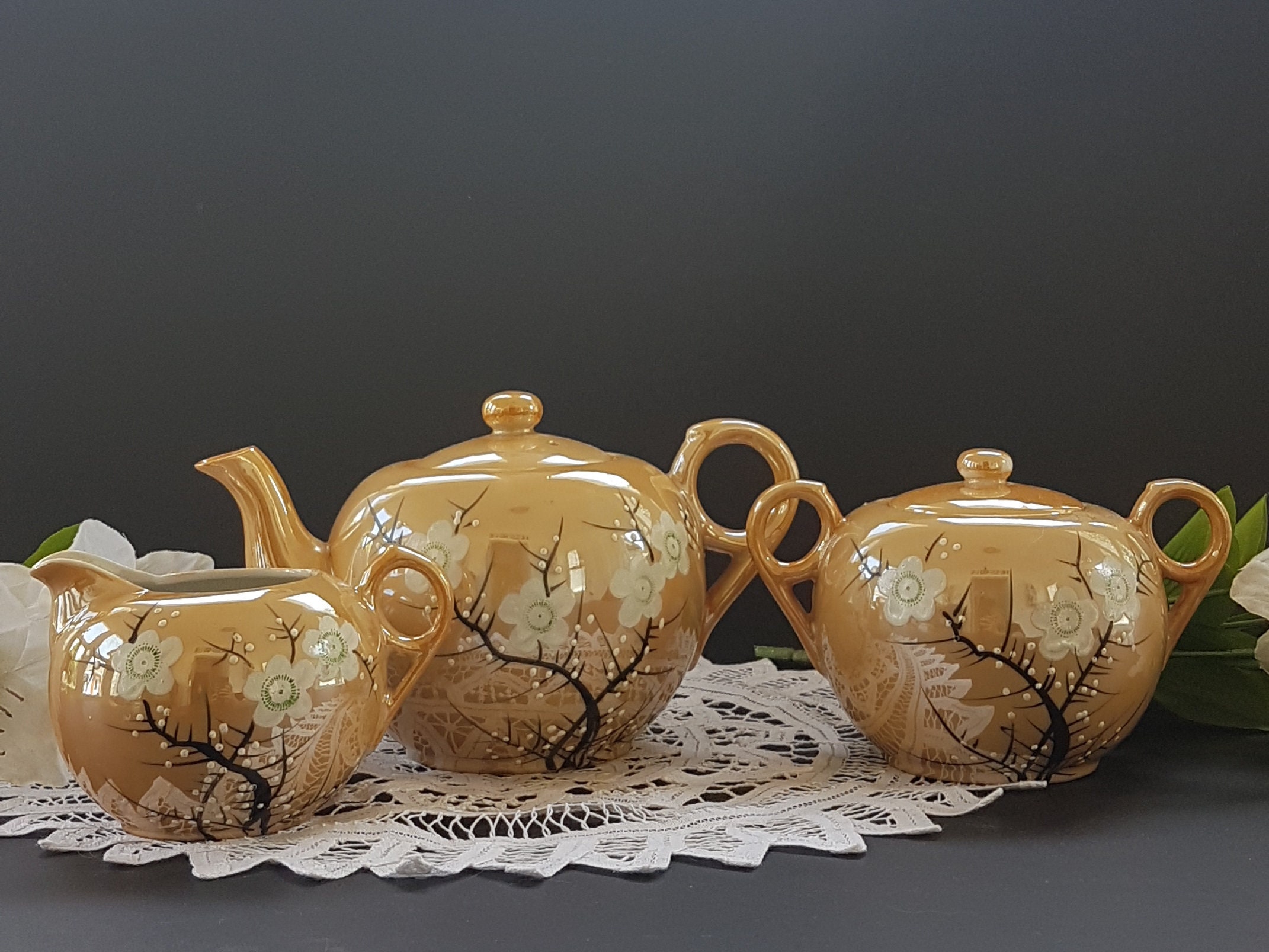 Vintage Japan Peach Orange Lusterware Tea Set, Teapot, Milk Jug, Sugar ...