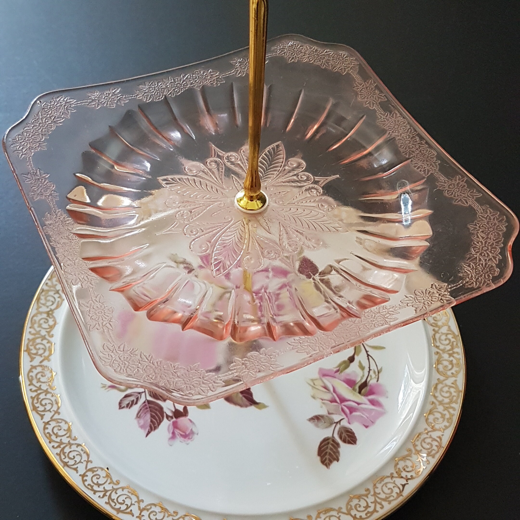 RESERVED - 3 Tier Cake Stand, Mismatch Vintage Plates, Pink Depression ...