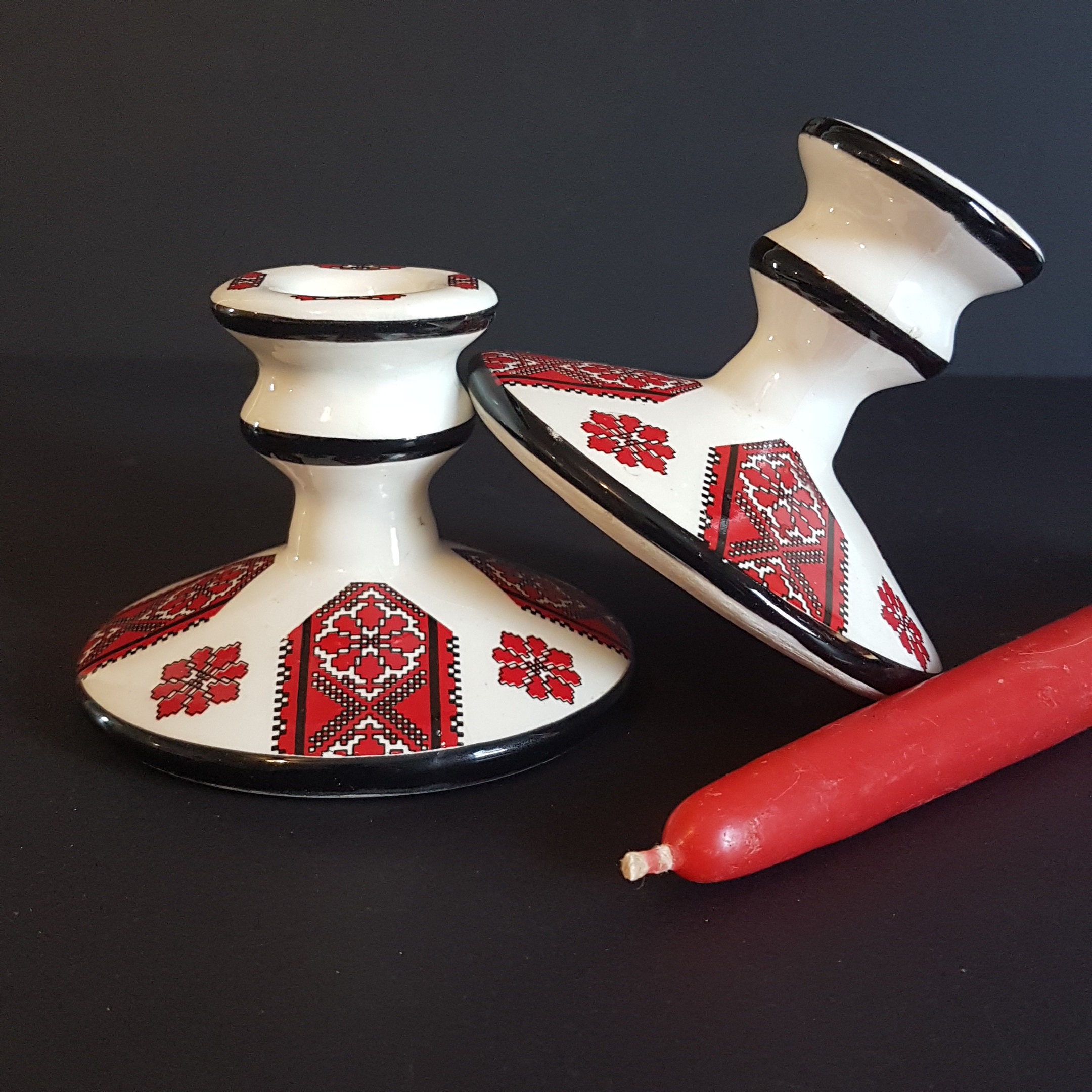 Ukranian Art Ceramic Centre Candlesticks, Red Black Ethnic Traditional ...