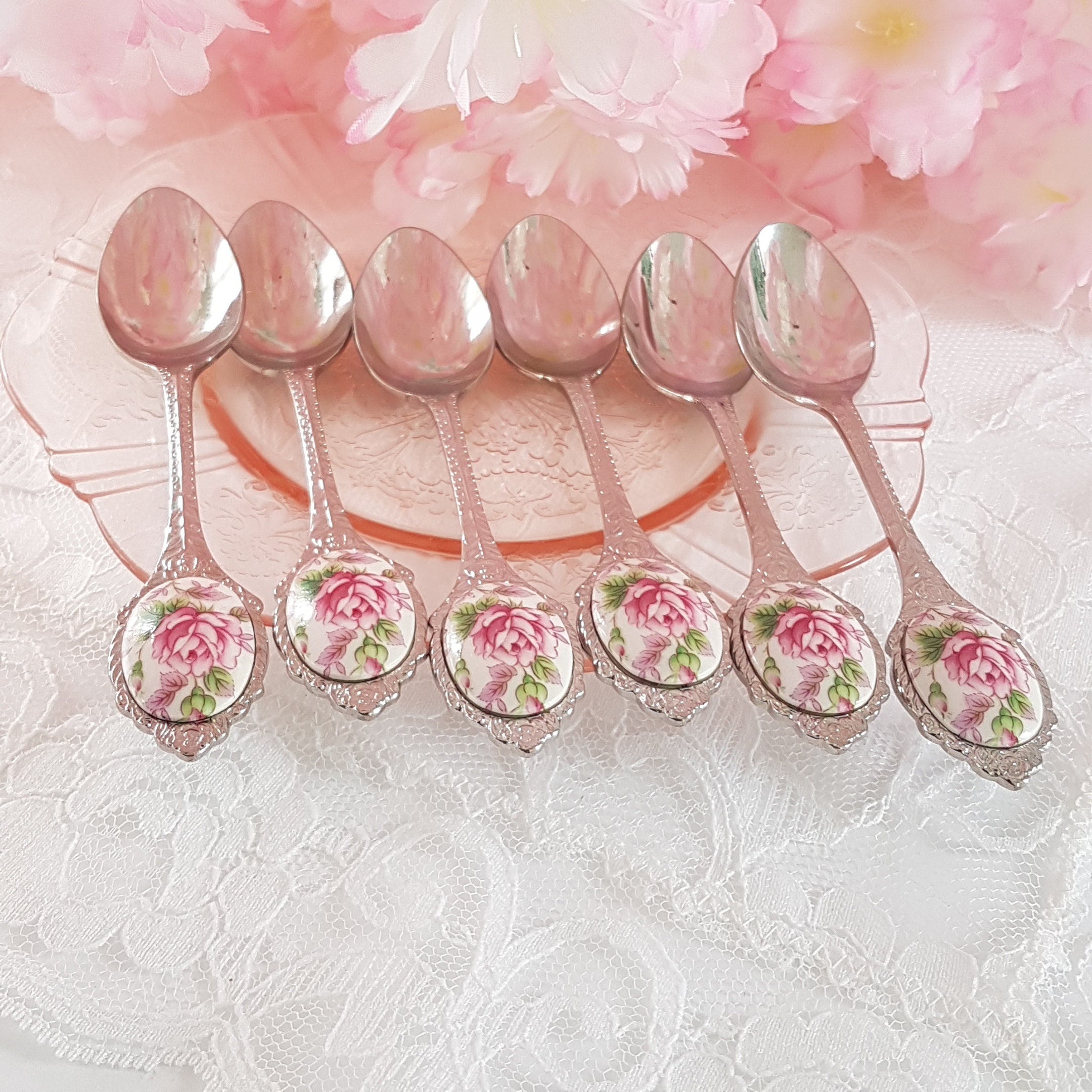 Set of 6 Small Demitasse Stainless Steel Spoons with Porcelain Pink ...