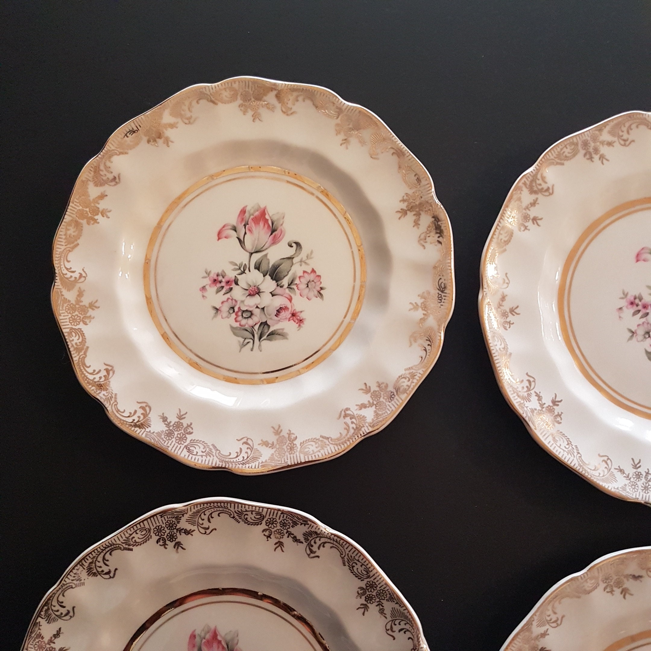 Vintage Johnson Bros. 6 Side Plates, Set of 4, Gold Filigree, Pink Gray ...