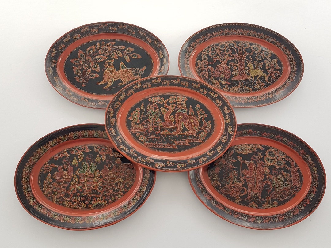 Hand Painted Rattan Plates, Thailand Art, Set of 5 Decorative Wall ...