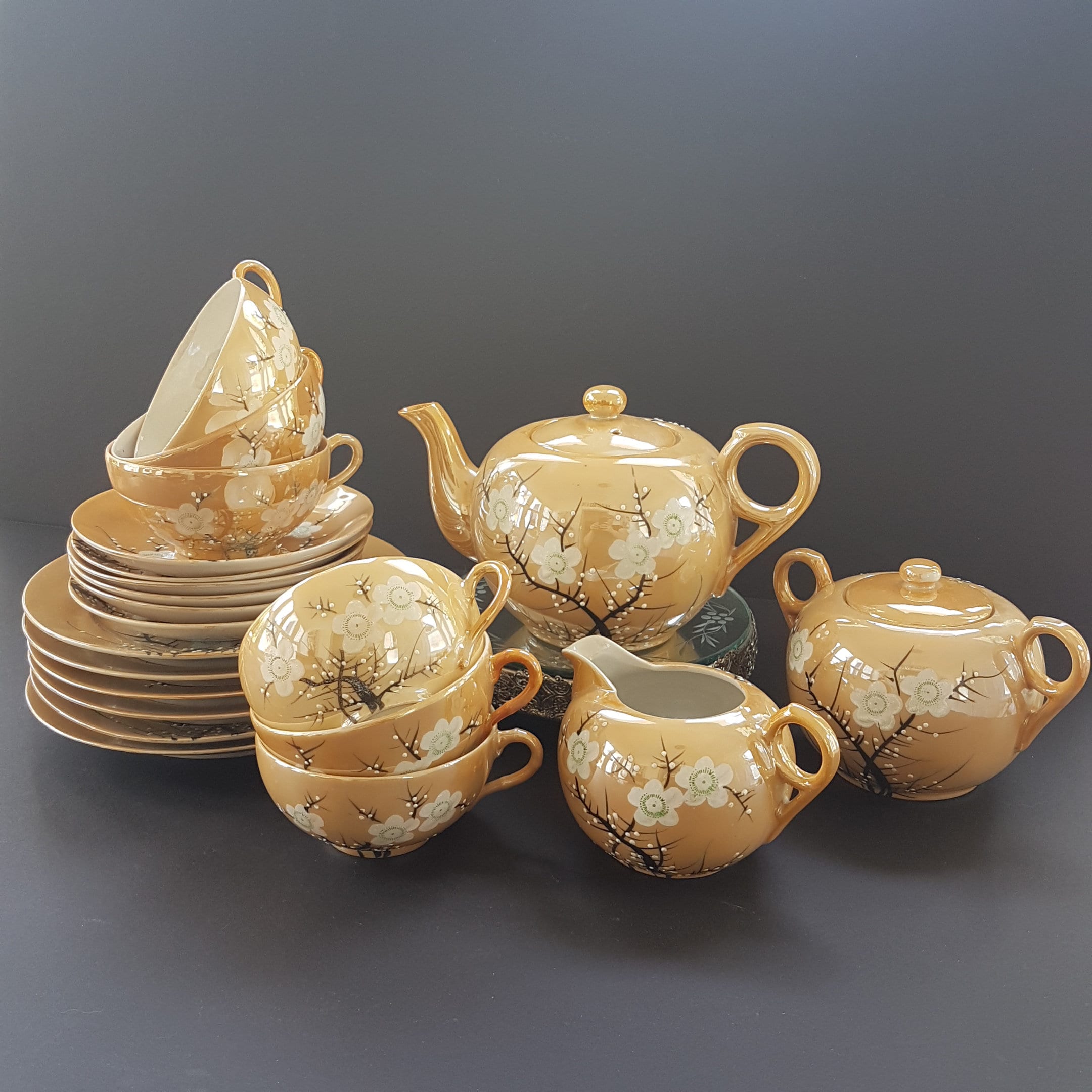Vintage Japan Peach Orange Lusterware Tea Set, Teapot, Milk Jug, Sugar ...