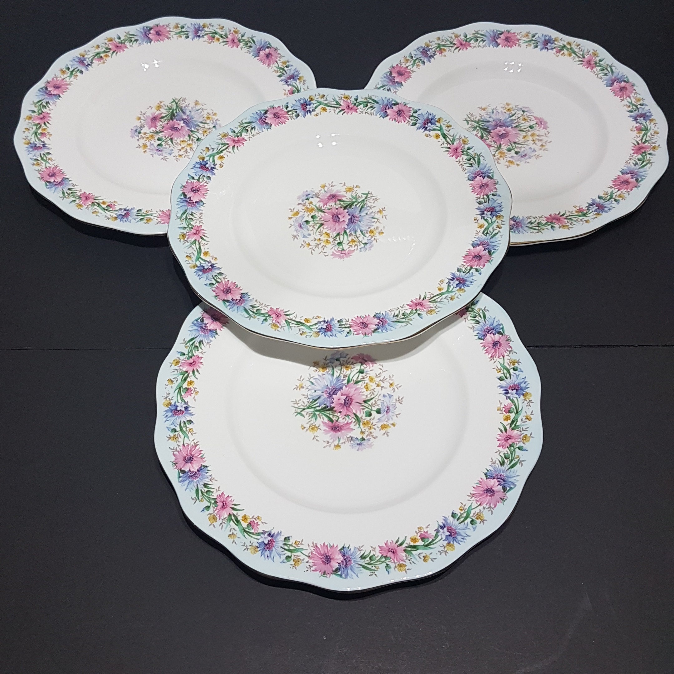 Set of 4 E. Brain Foley Blue CORNFLOWER Bone China 10 1/4 Dinner Plates ...