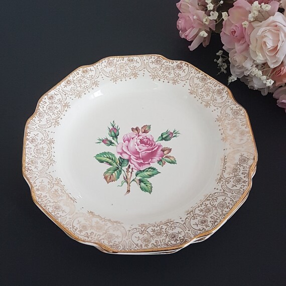 Gold Filigree Romantic Briar Rose Plates Pink Rose China Plate Set of 2 ...