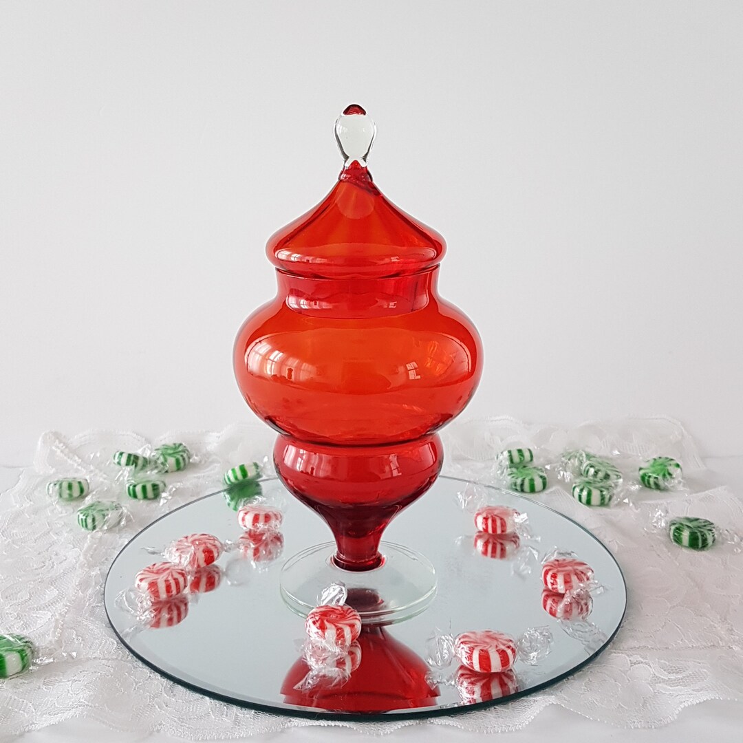 Vintage Red Blown Glass Candy Jar With Clear Glass Stem - Etsy