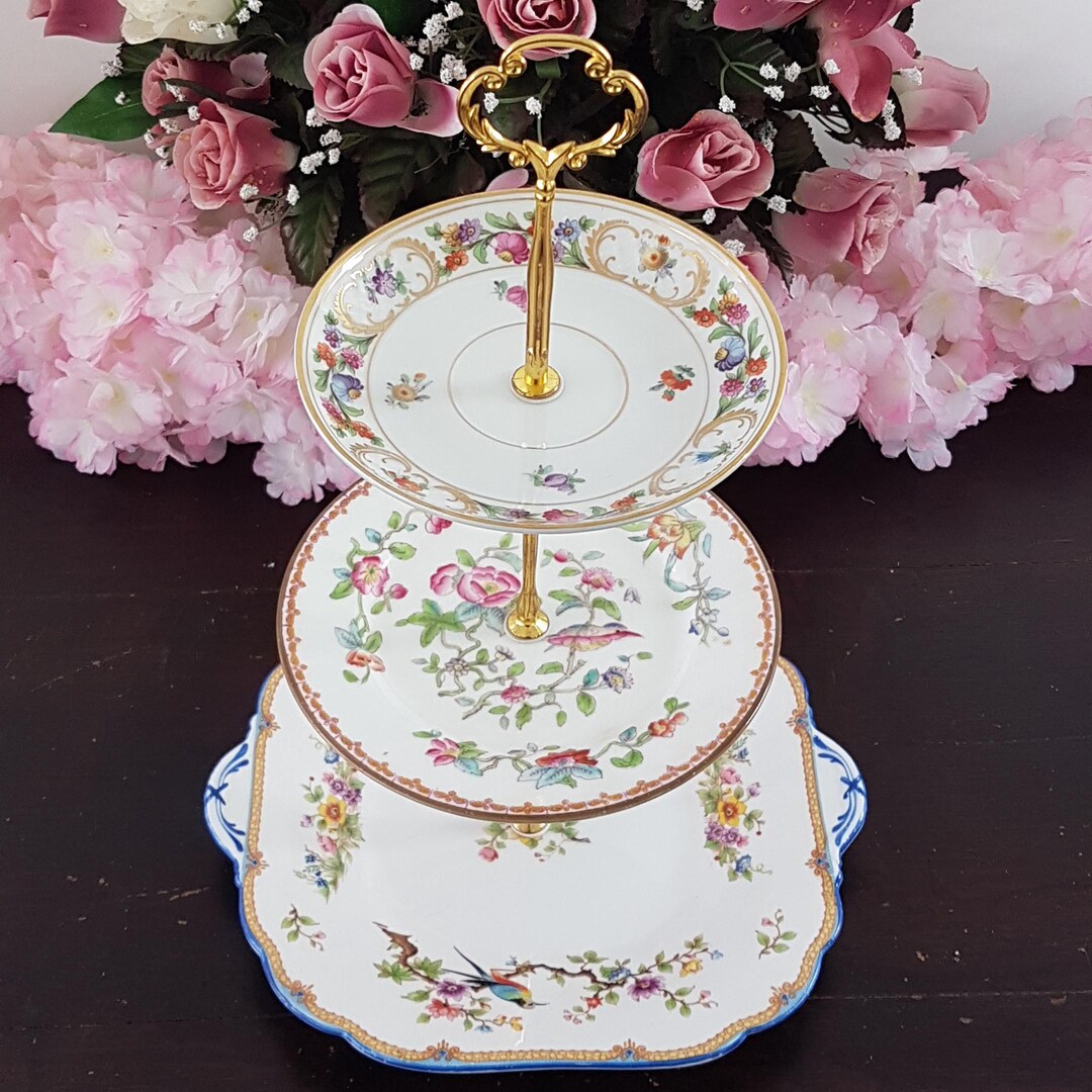 3 Tier Cake Stand, Floral & Birds Bone China Tiered Plates, Bridgerton ...