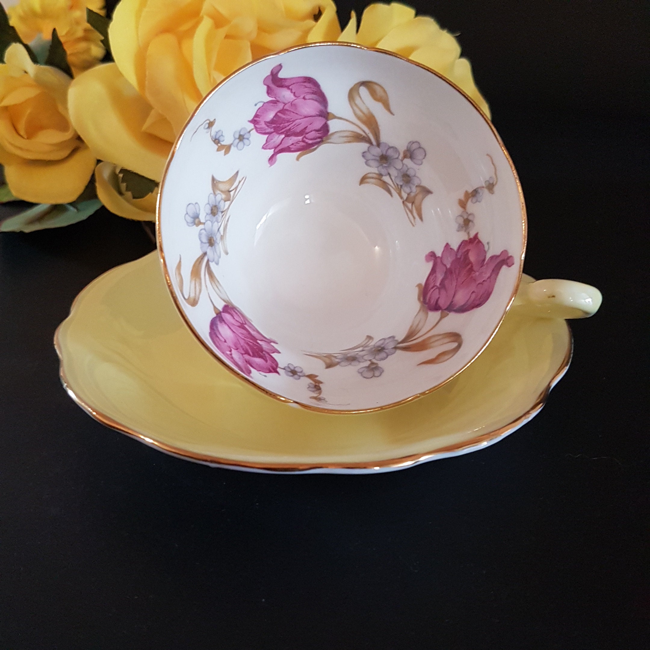 Tea Cup and Saucer, Vintage EB Foley Yellow Tea Cup with Pink Tulips ...