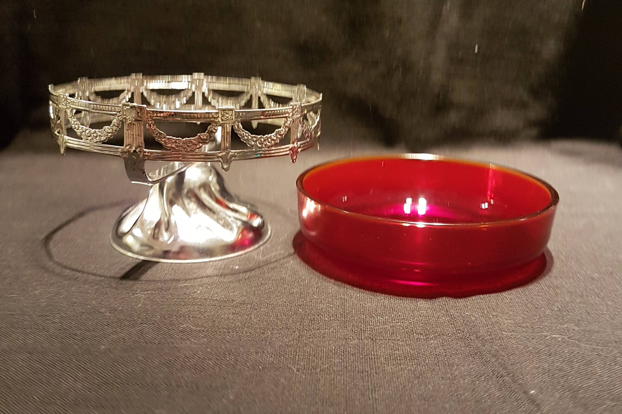 Vintage Ruby Red Glass Dish with Metal Stand, Candy Dish, Trinket Dish