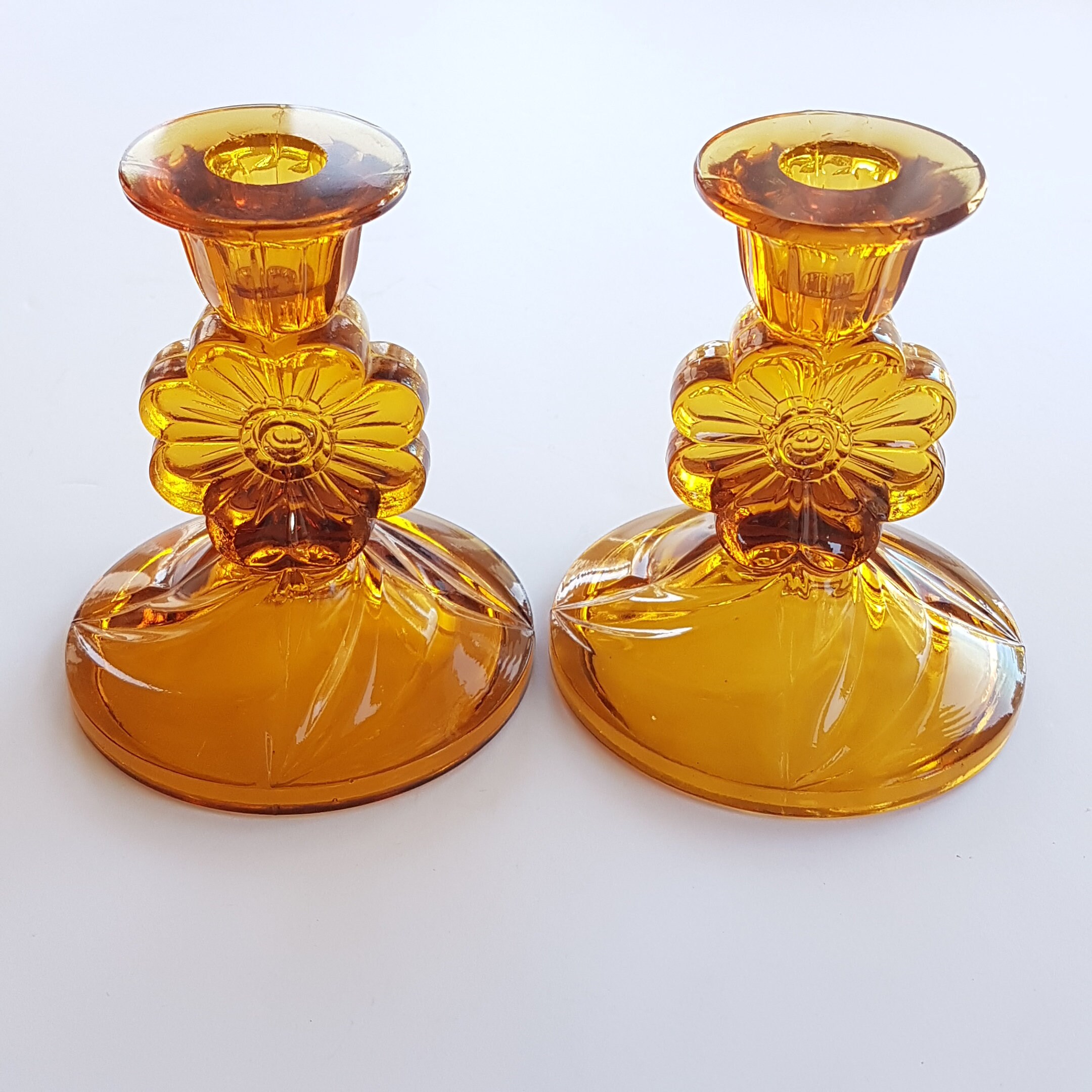Amber Glass Candlesticks, Daisy Flower Stem, Bagley Glass, Made in USA