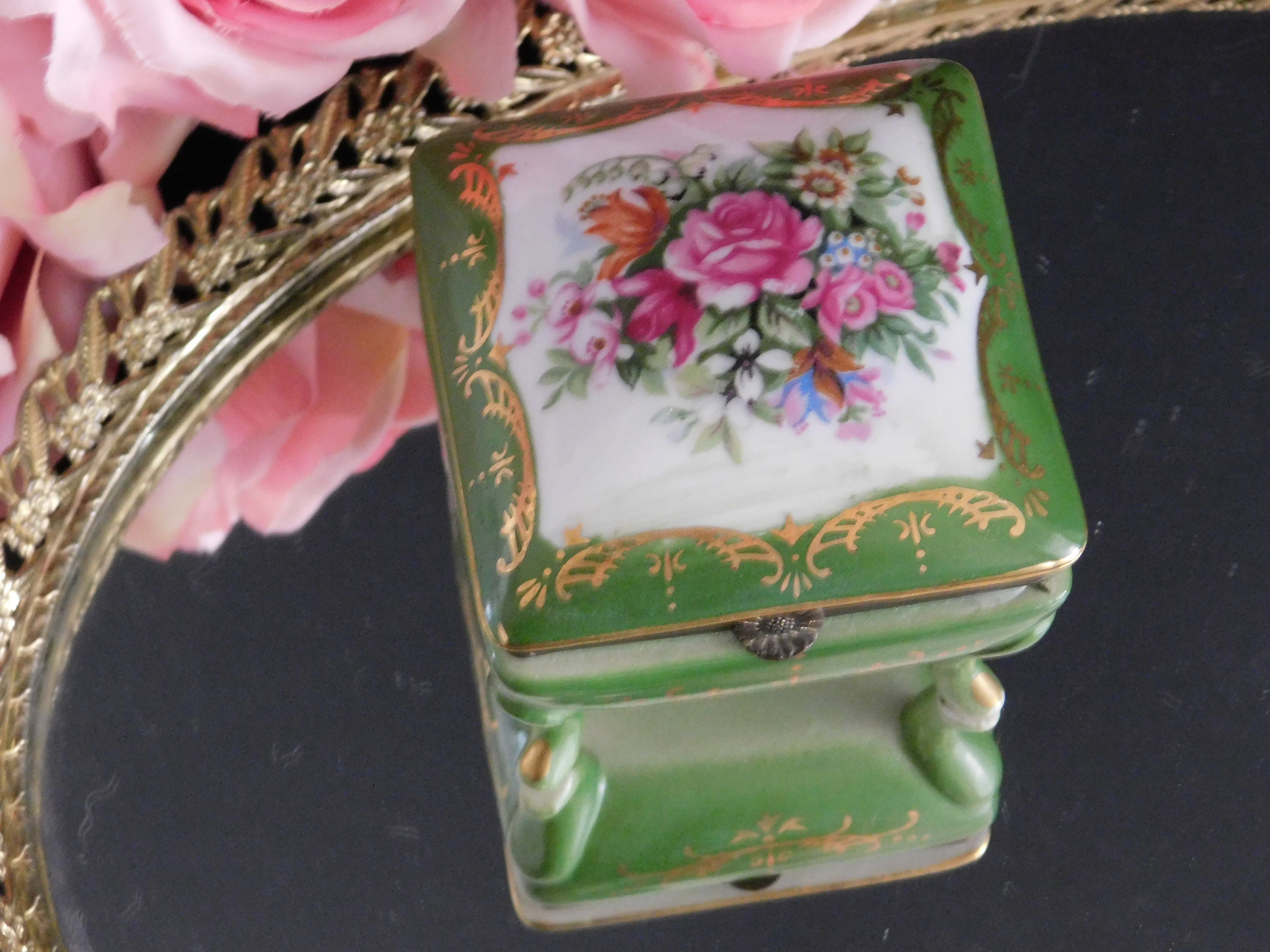 Square Porcelain Trinket Box with Legs, Vintage Jewelry Box with Hinged ...
