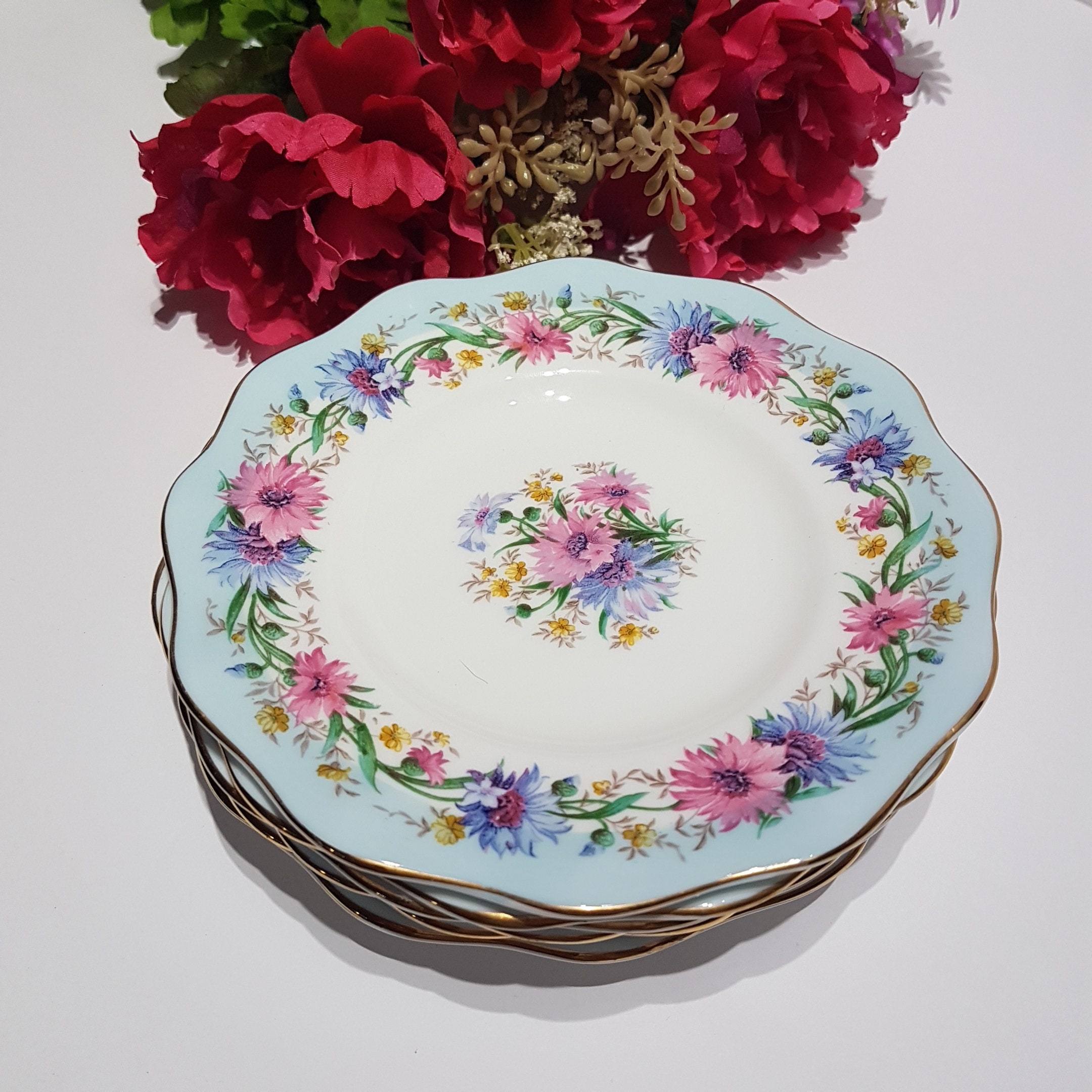 EB Foley CORNFLOWER BLUE 6 Bread & Butter Plates, Floral on Blue 6 Pc ...