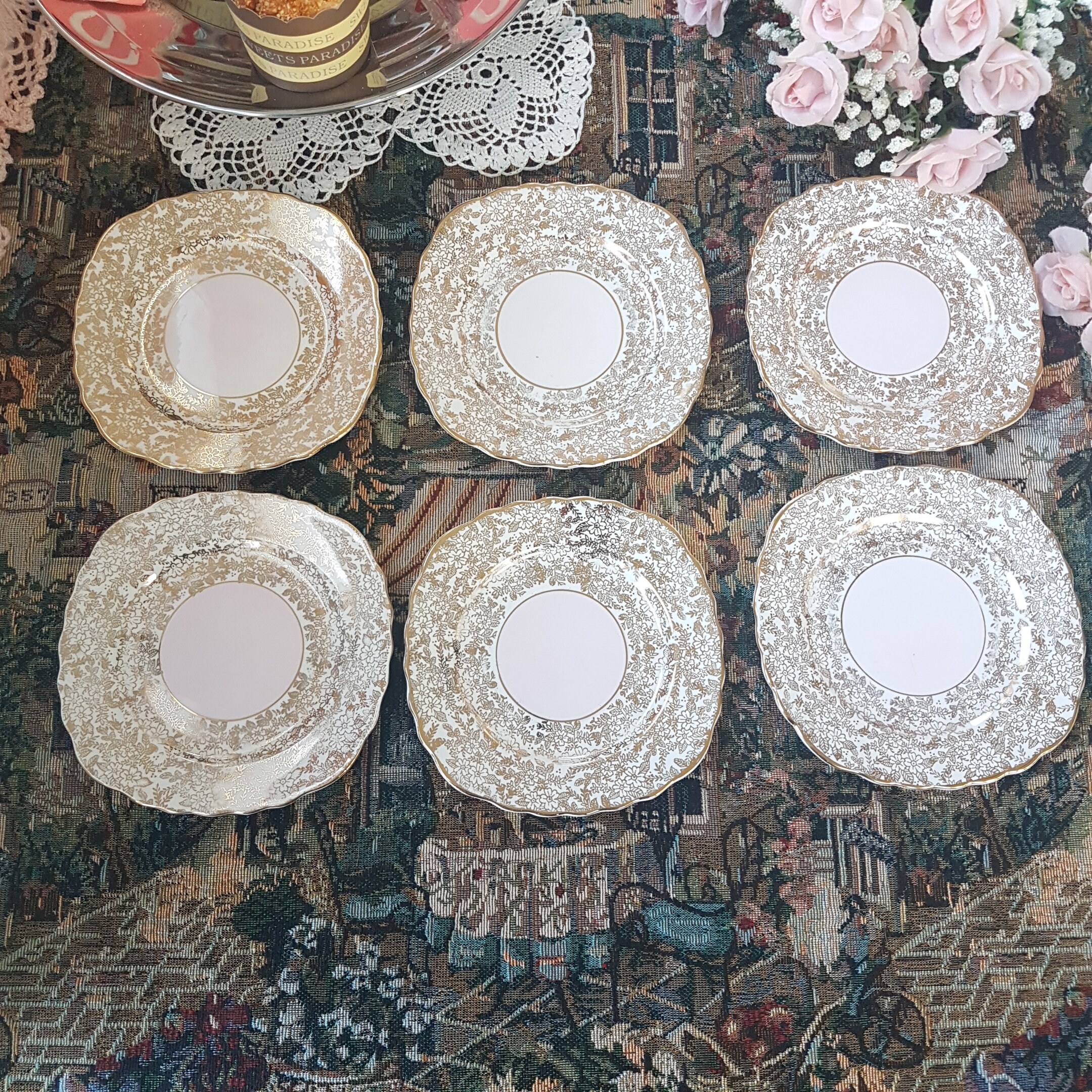 Set of 6 Colclough Bone China Square Side Plates, Gold Floral Chintz ...