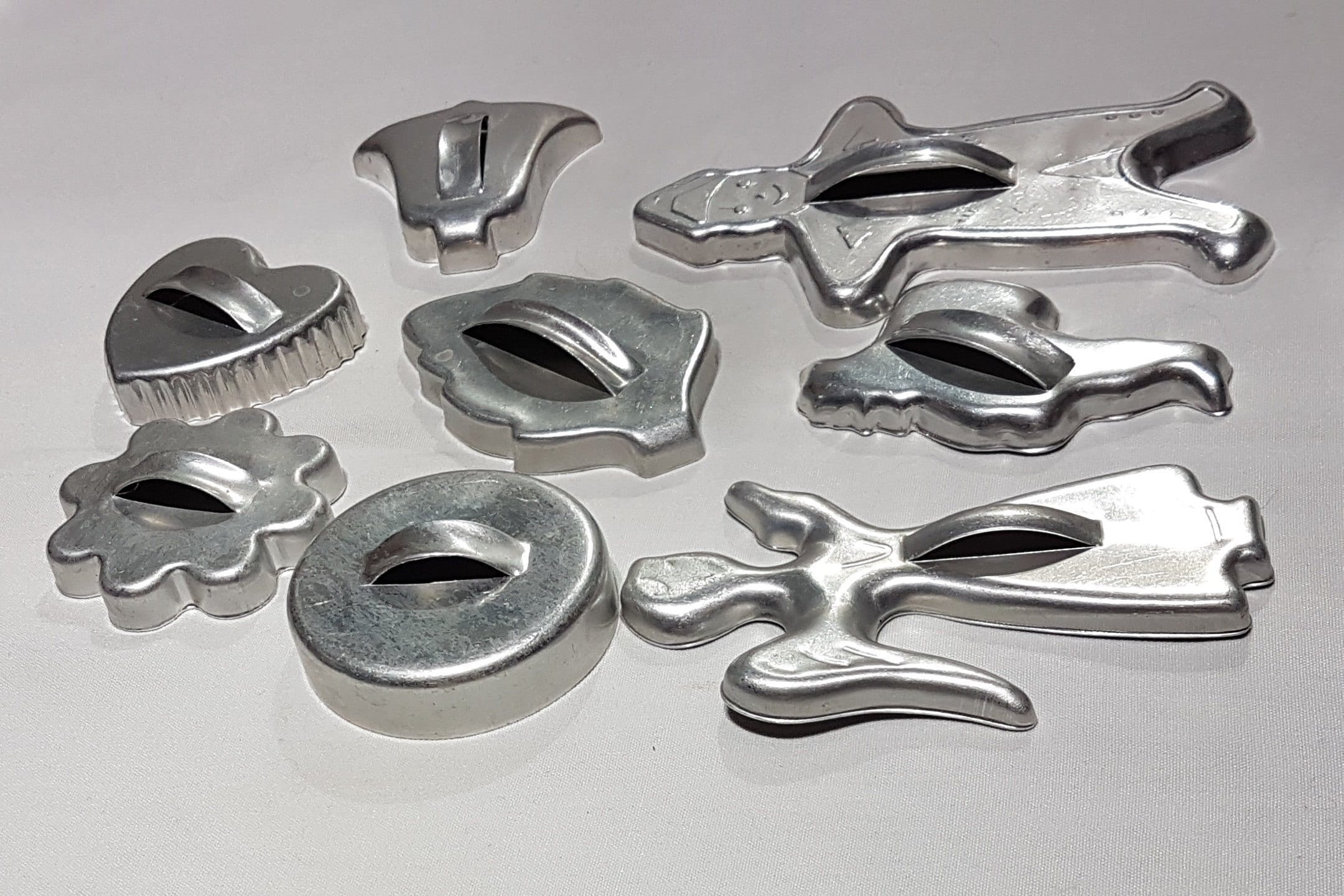 Lot of 8 Vintage Tin Aluminum Cookie Cutters, Biscuit Cutters, 1940's