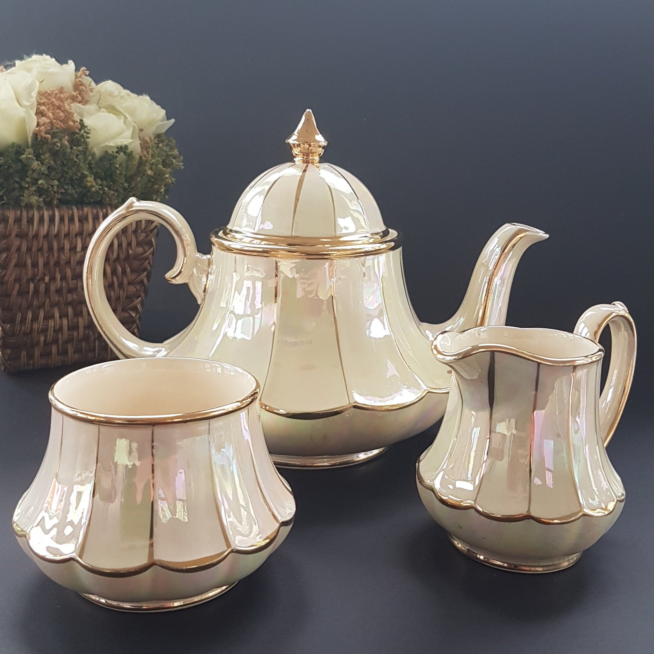 Sadler England Pearl Lustre Tea Set, Teapot Creamer & Sugar Bowl, Bell ...