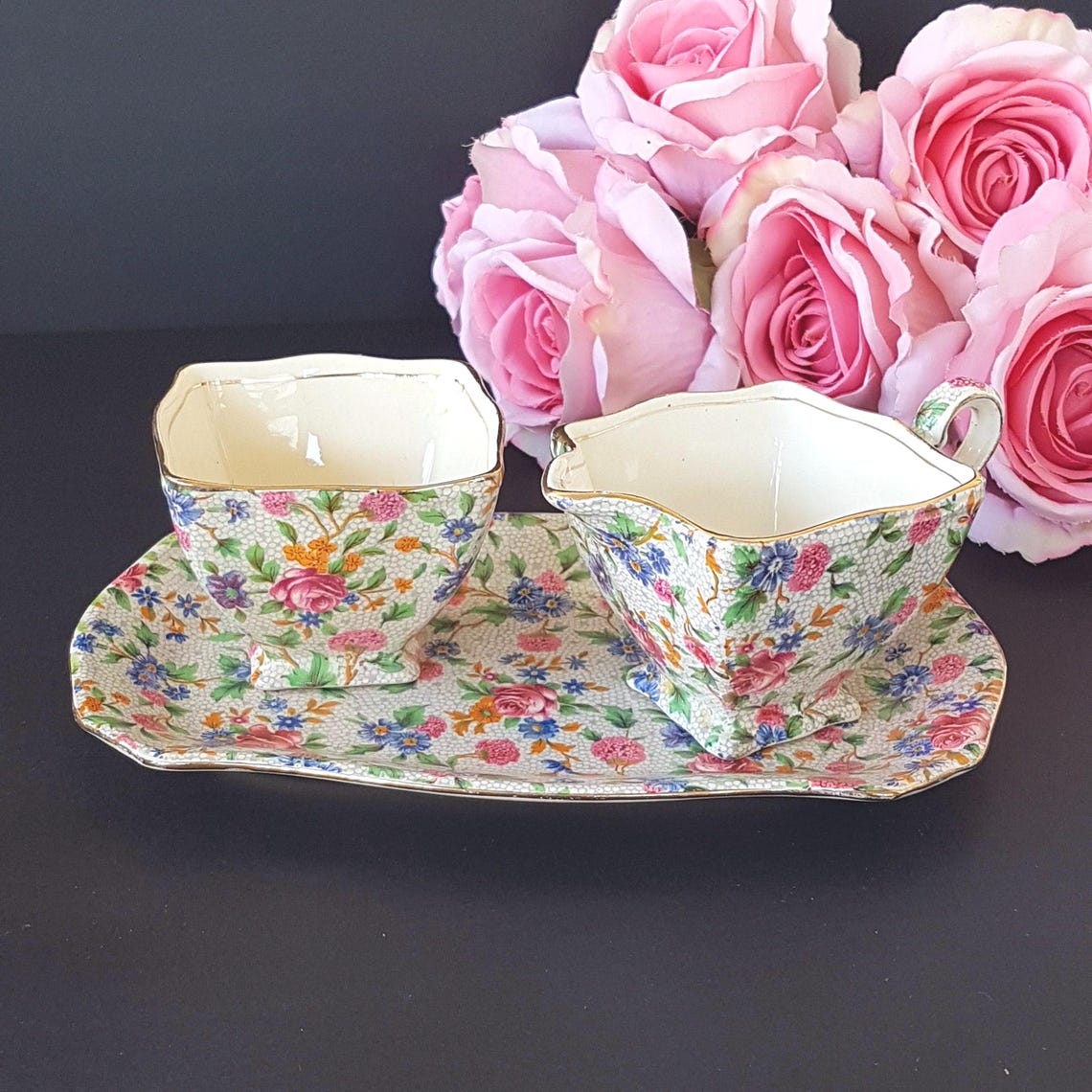 Royal Winton OLD COTTAGE CHINTZ Cream Sugar Set, Made in England, 1930s ...
