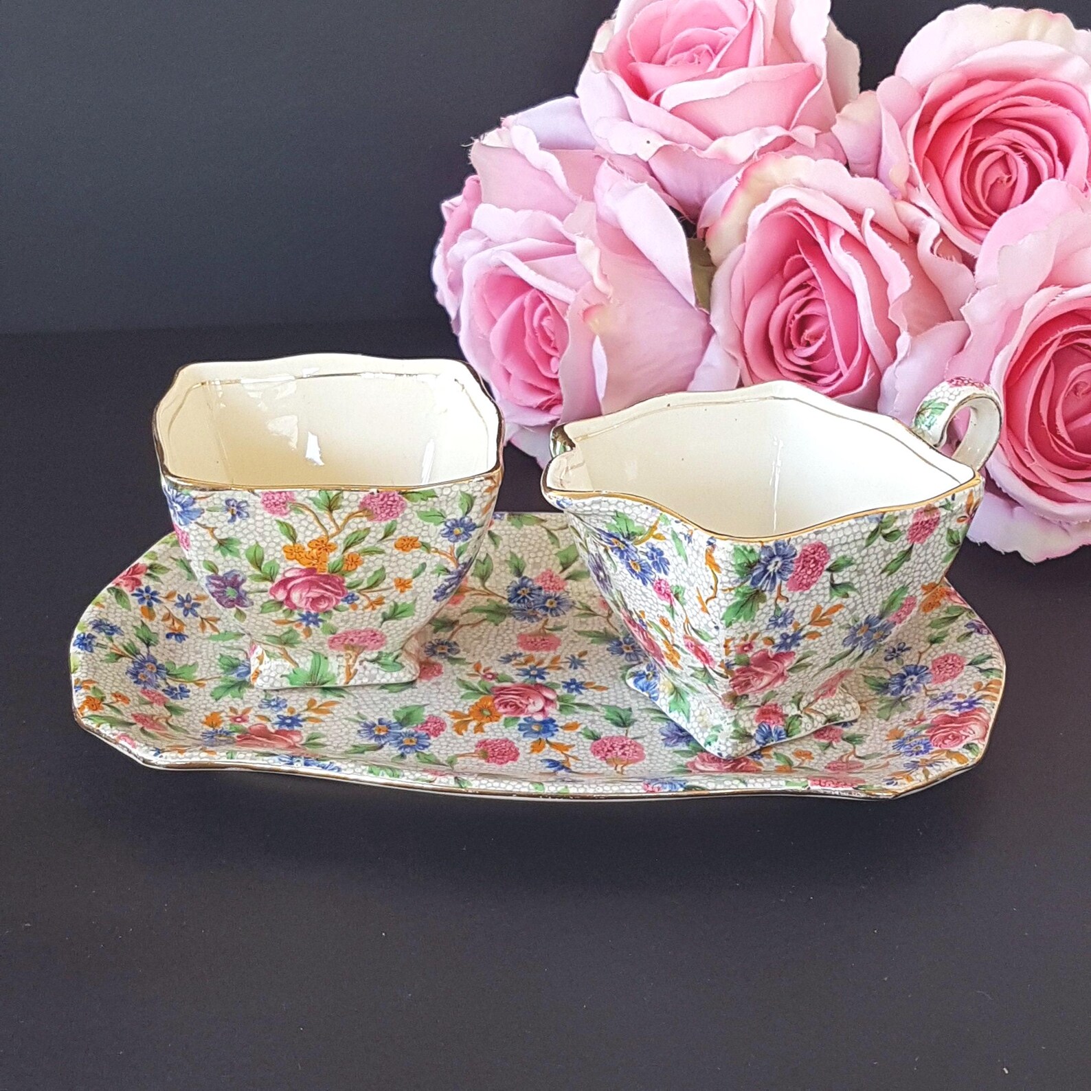 Royal Winton OLD COTTAGE CHINTZ Cream Sugar Set, Made in England, 1930s ...