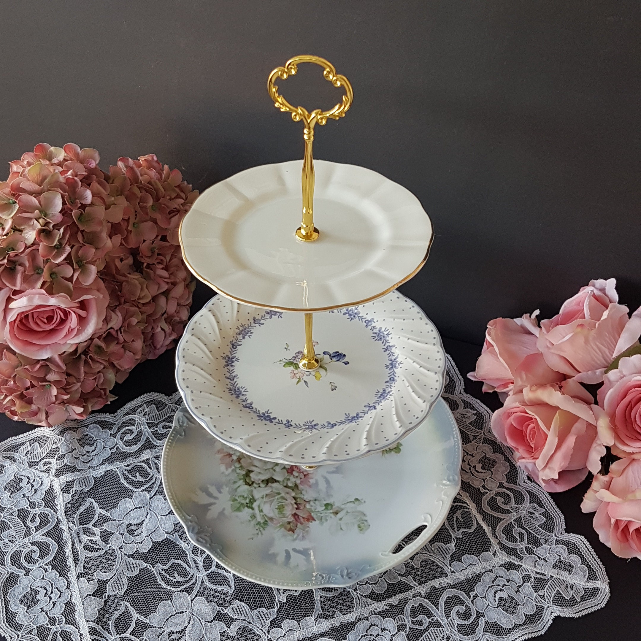 3 Tier Cake Stand, Mismatch Vintage Plates, Blue Purple White, Antique ...