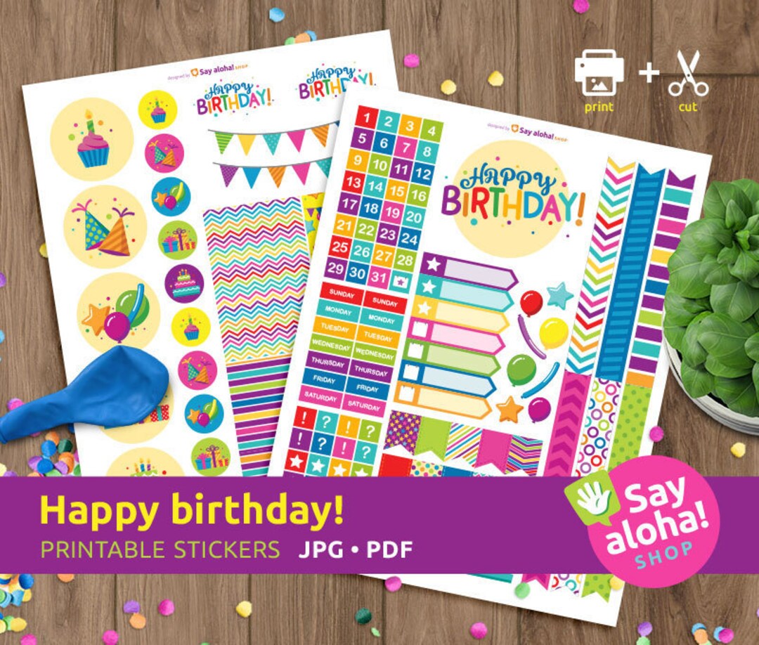 Printable Planner Sticker HAPPY BIRTHDAY. Cake, Balloons, Banners, Gift ...