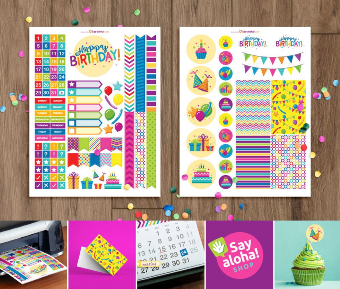 Printable Planner Sticker HAPPY BIRTHDAY. Cake, Balloons, Banners, Gift ...