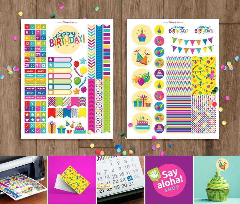 Printable Planner Sticker HAPPY BIRTHDAY. Cake, Balloons, Banners, Gift ...