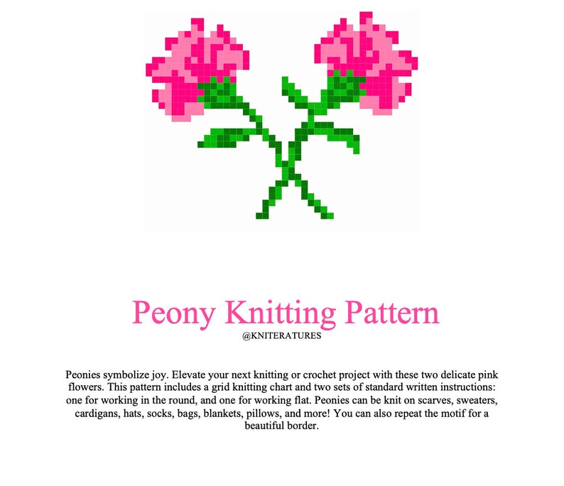 Pink Peony Knitting Pattern: Pixel Art Rose, Crochet, Cross-stitch (PDF ...