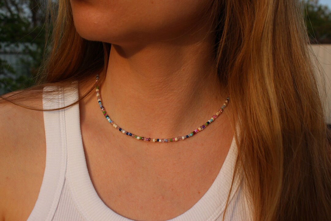 Colorful Beaded Necklace, Summer Multi Color Seed Bead Choker, Minimal ...