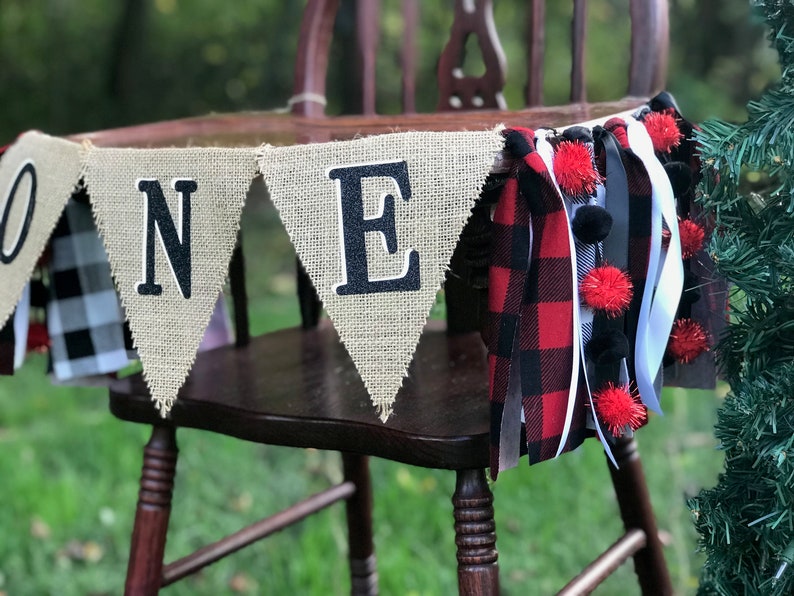 Buffalo plaid lumberjack first birthday banner highchair black | Etsy