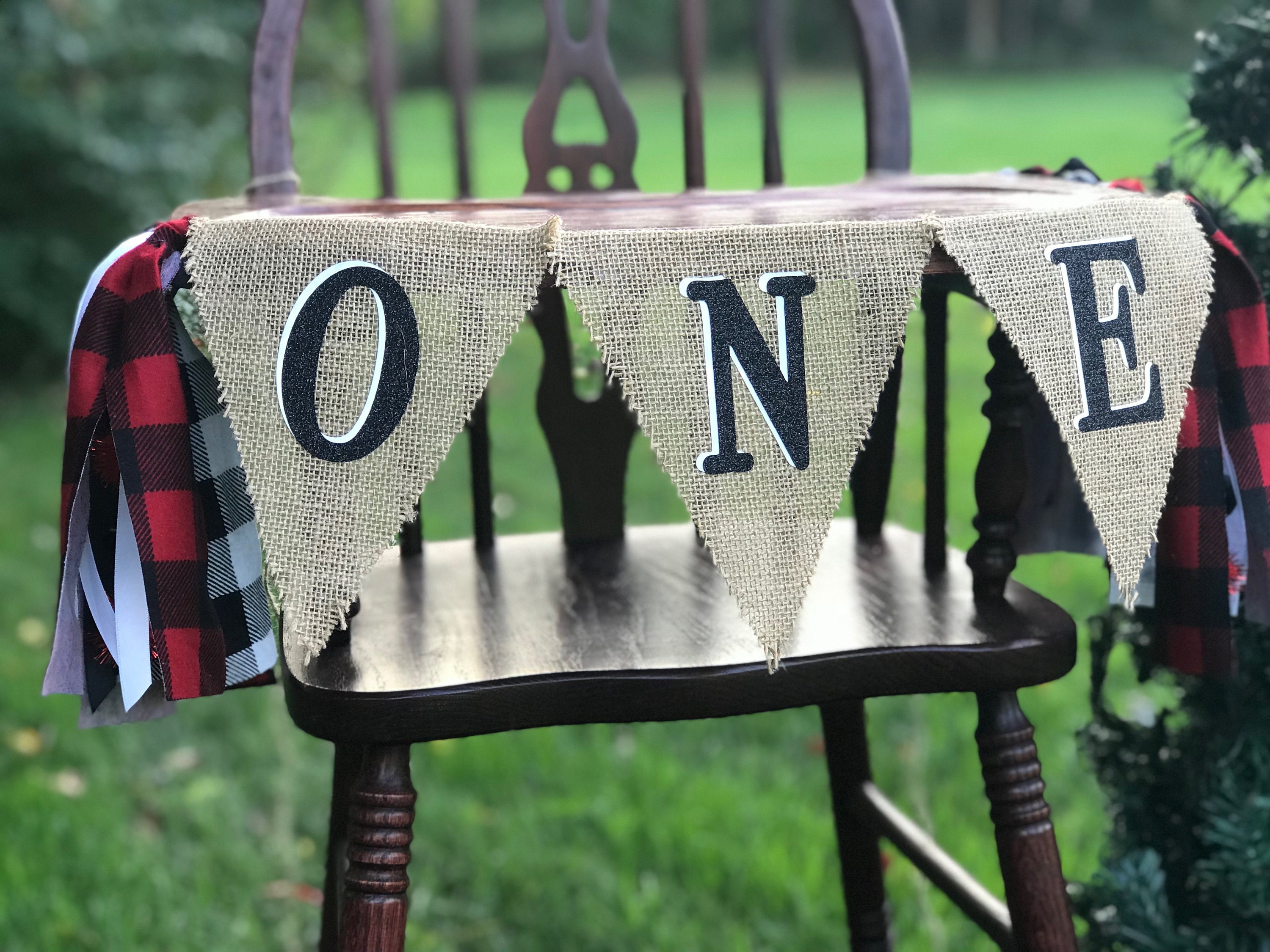 Buffalo plaid lumberjack first birthday banner highchair black | Etsy