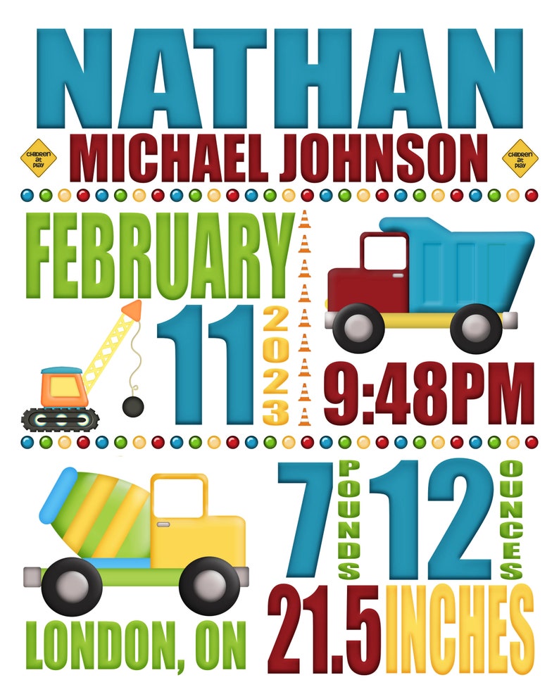 Construction Birth Stats Wall Art Truck Nursery Decor Dump - Etsy
