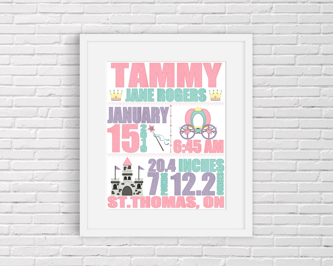 Princess Birth Stats Wall Art Princess Nursery Decor - Etsy
