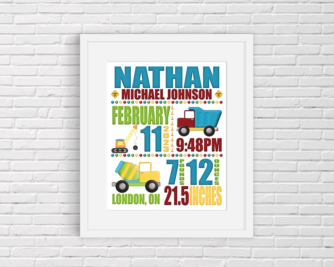 Construction Birth Stats, Wall Art, Truck Nursery Decor, Dump Truck ...
