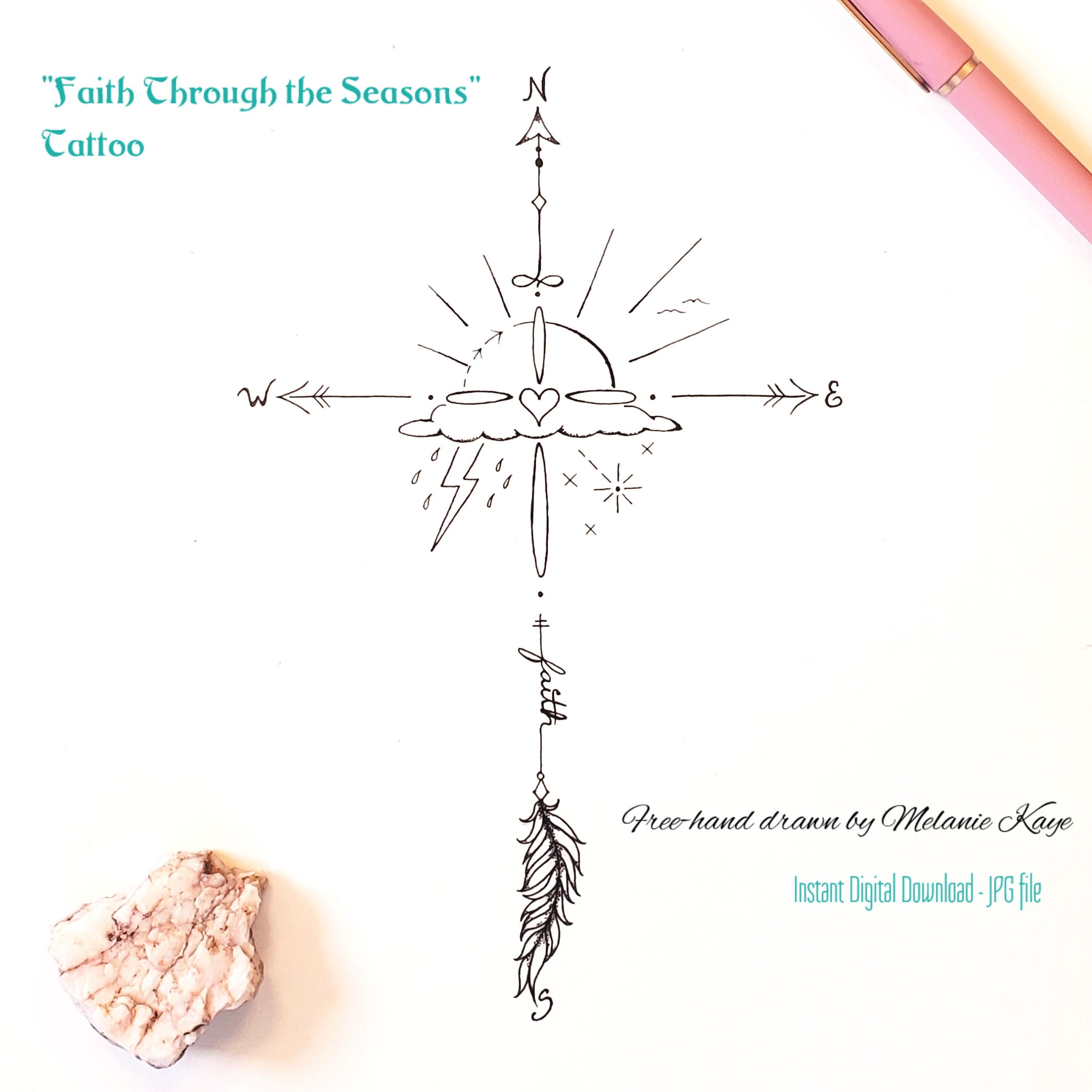 Cross Compass Arrow Hand Drawn Tattoo Design - Instant Digital Download ...