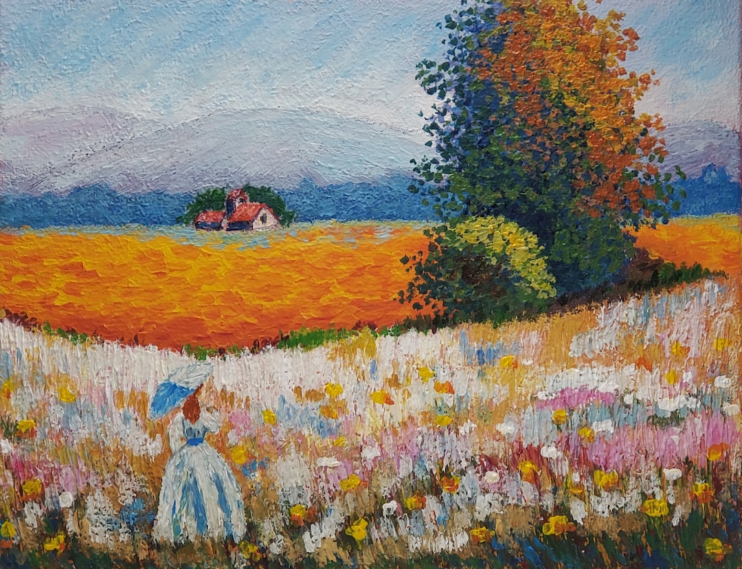 Champ d'été, impressionnisme, peinture à la main acrylique originale ...