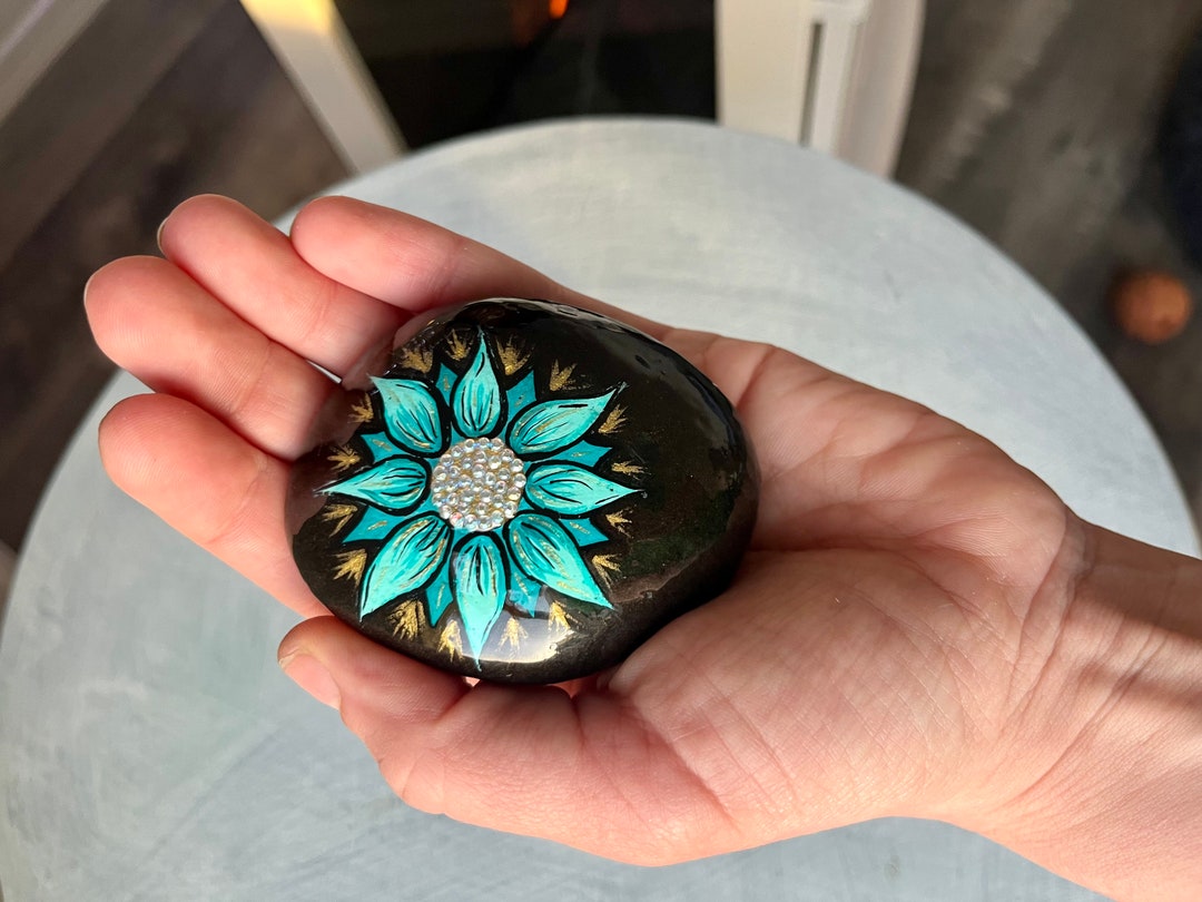 Mandala Spring Blue Flower Bedazzled Hand Painted Rock - Etsy