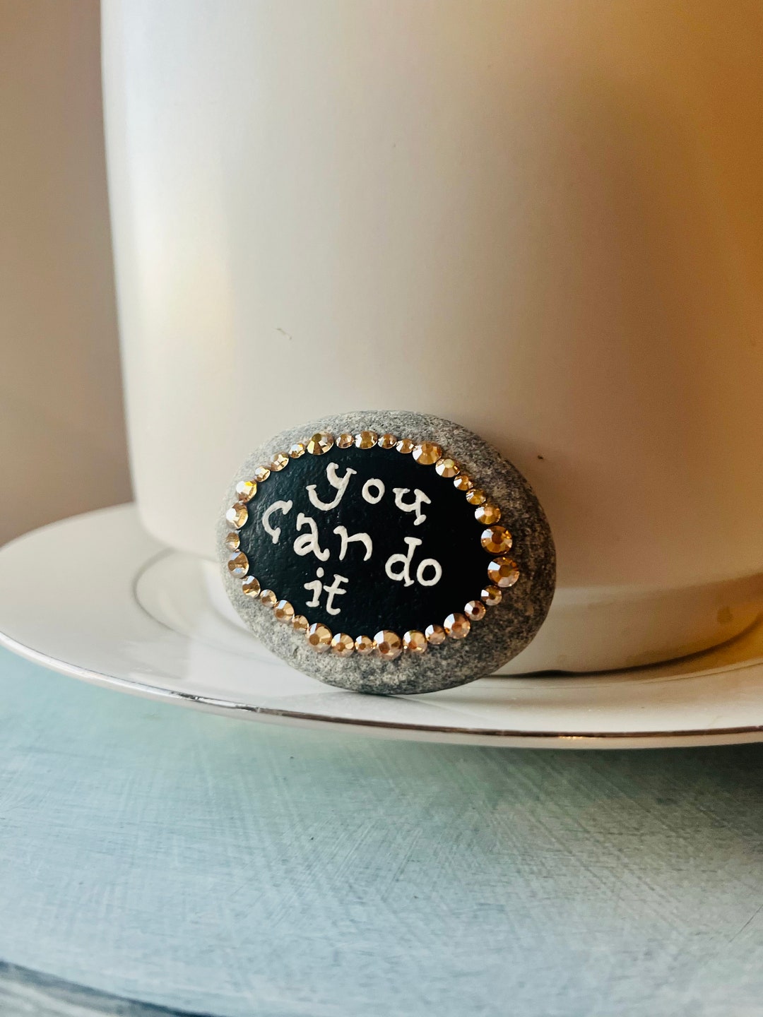 Motivational Rock Hand Painted and Gold Rhinestones Added - Etsy
