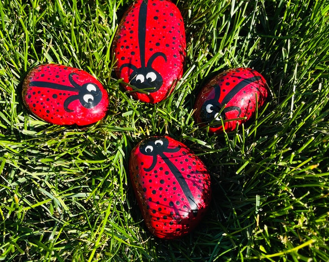 Hand-painted Ladybug Rocks, Set of 4 River Stones, Garden Decor ...
