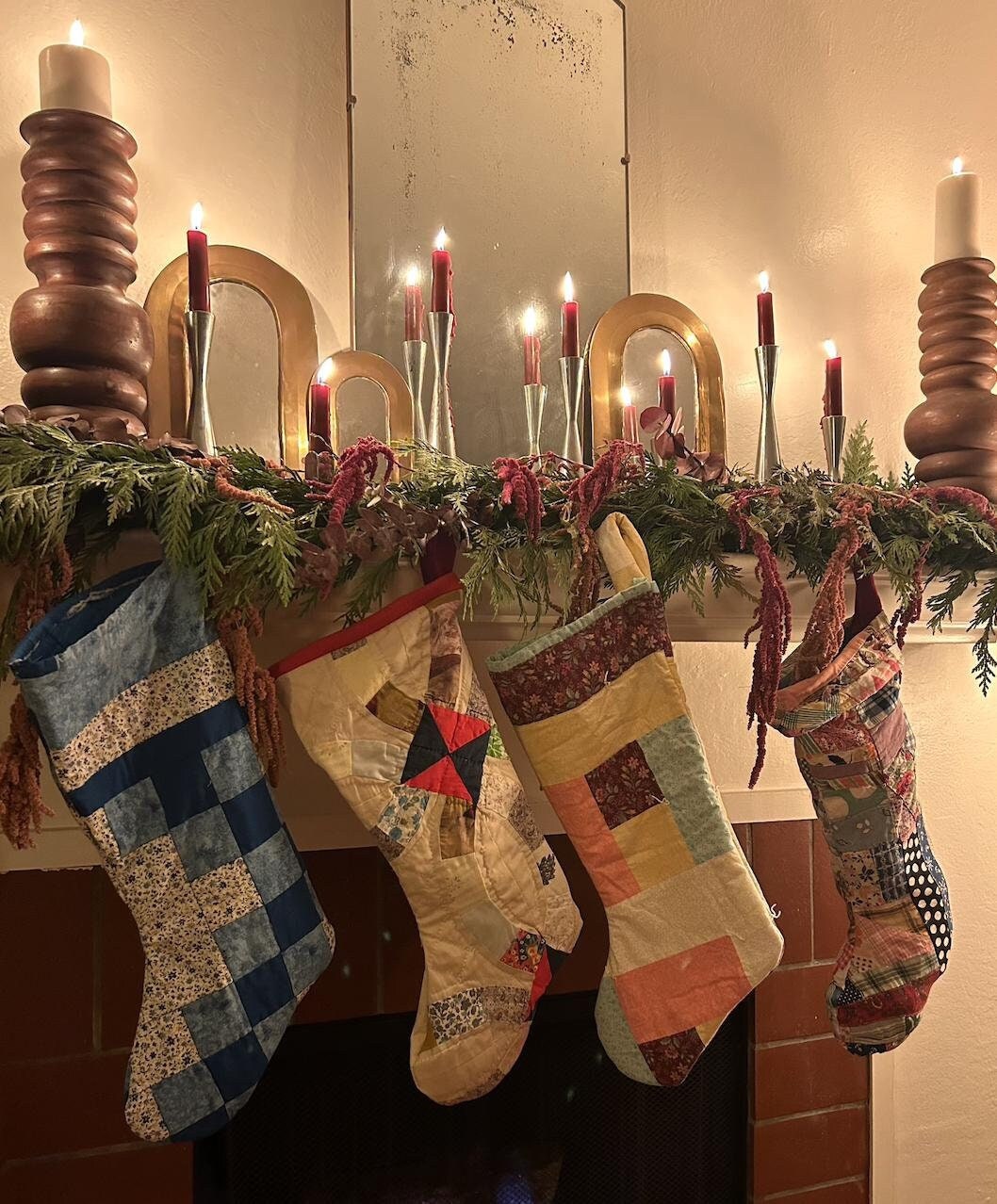 Quilted Christmas Stocking Vintage Handmade Upcycled Primitive Folk Art ...
