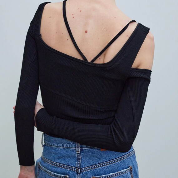 Layered Bra And Ribbed Knit Top in Black - Gem