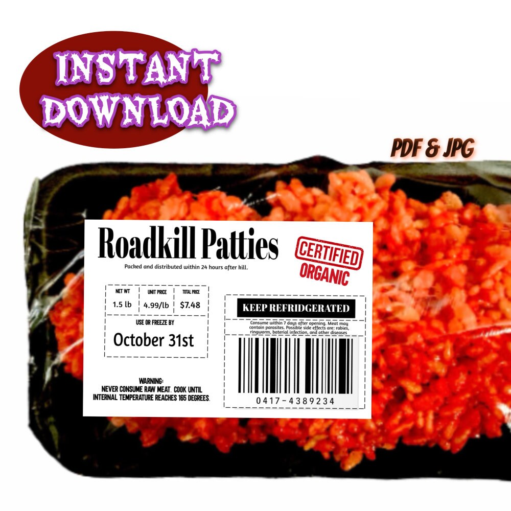 Printable Roadkill Pattie Labels, Instant Download Meat Labels ...
