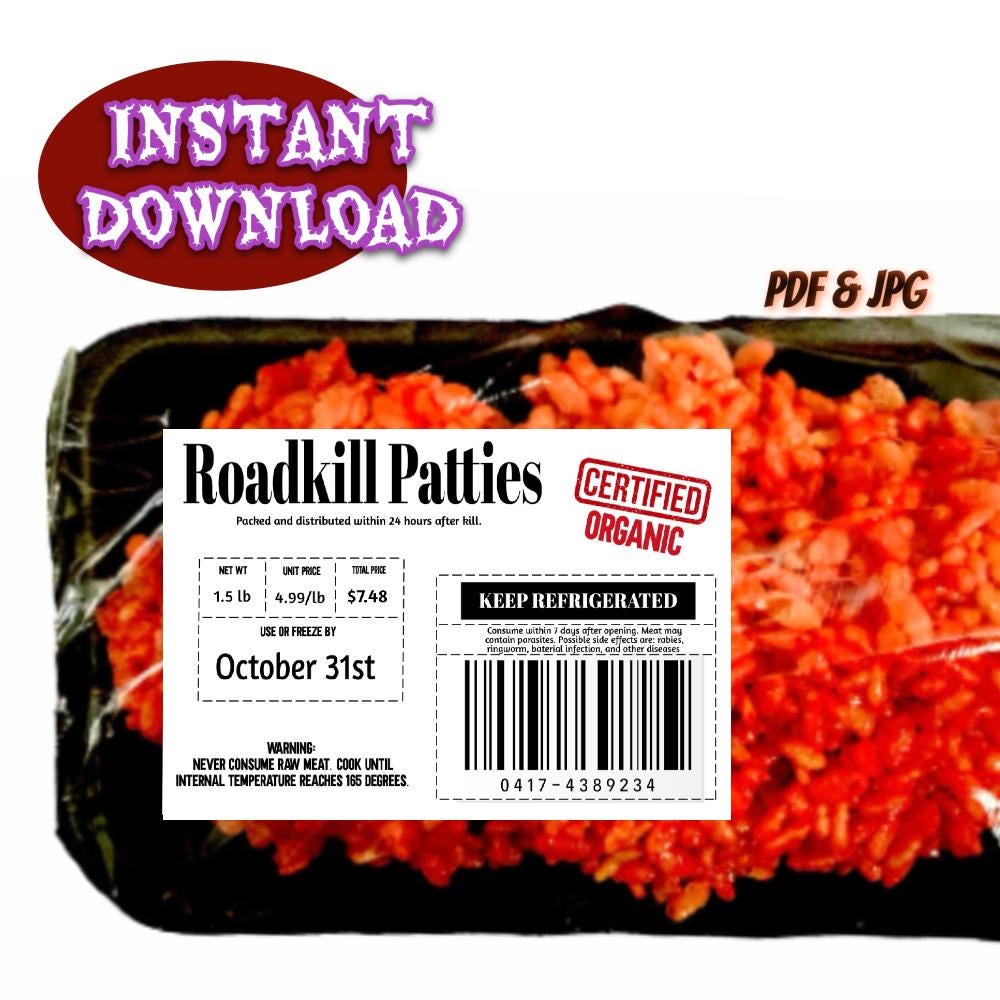 Printable Roadkill Pattie Labels, Instant Download Meat Labels ...