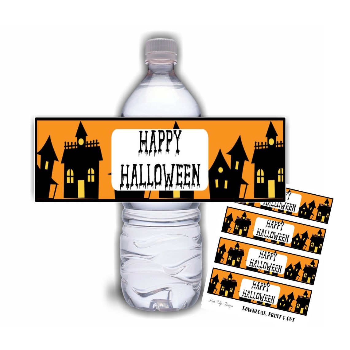 Halloween Water Bottle Wrapper Labels Happy Halloween Spooky House ...