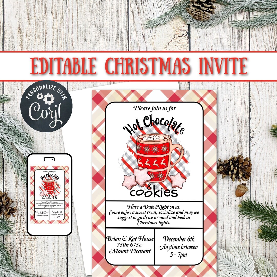 EDITABLE Cookies Hot Chocolate Christmas Party Invitation, Hot Cocoa ...