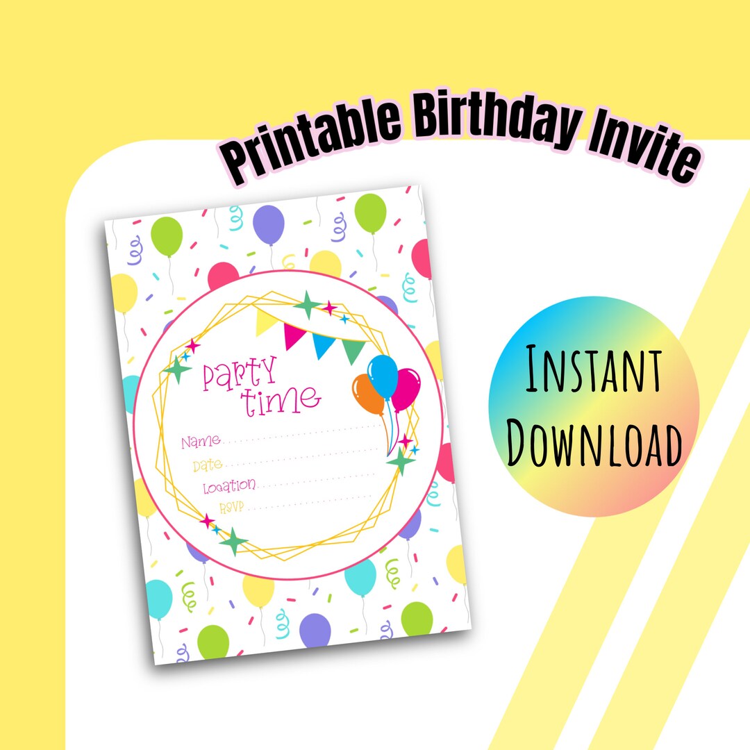Kids Birthday Invitation, Tween Birthday Invite, Colorful, Balloon ...