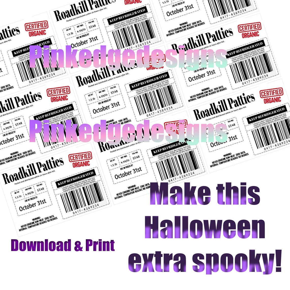 Printable Roadkill Pattie Labels, Instant Download Meat Labels ...
