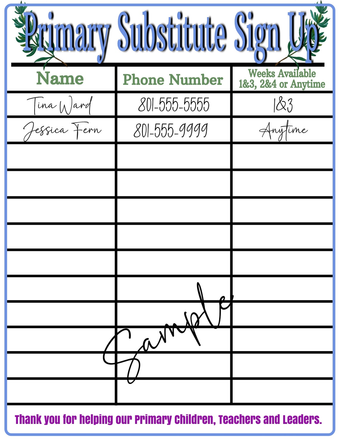 Primary Substitute Sign up List, Printable, Sign up Sheet - Etsy