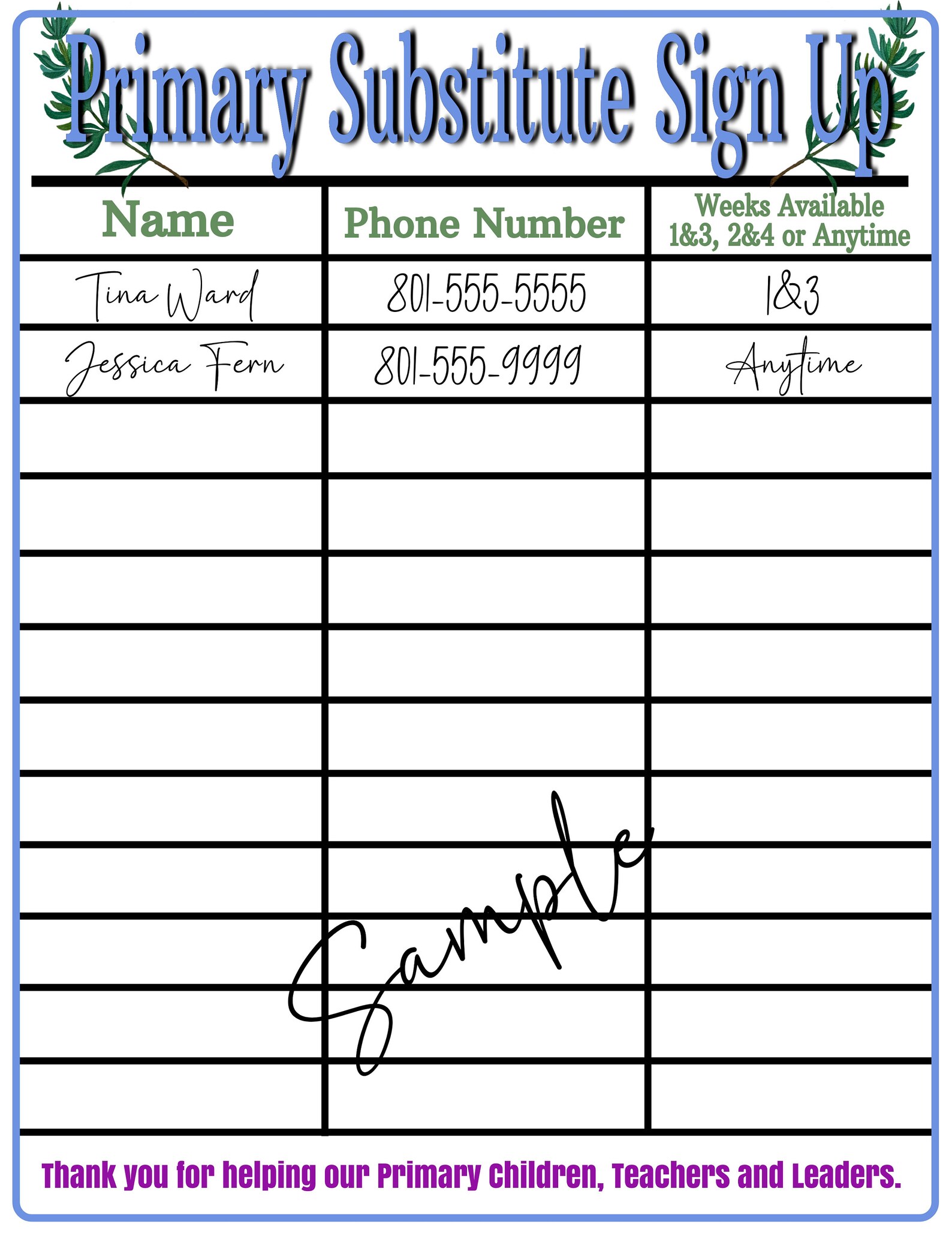 Primary Substitute Sign up List, Printable, Sign up Sheet - Etsy