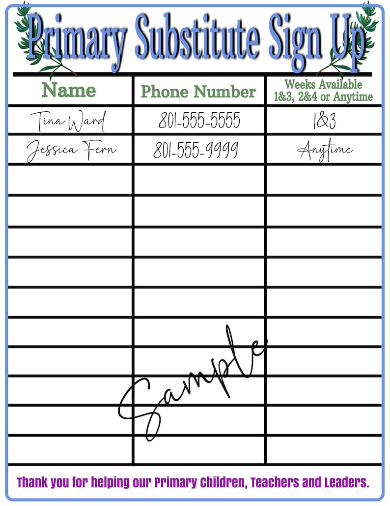 Primary Substitute Sign up List, Printable, Sign up Sheet - Etsy