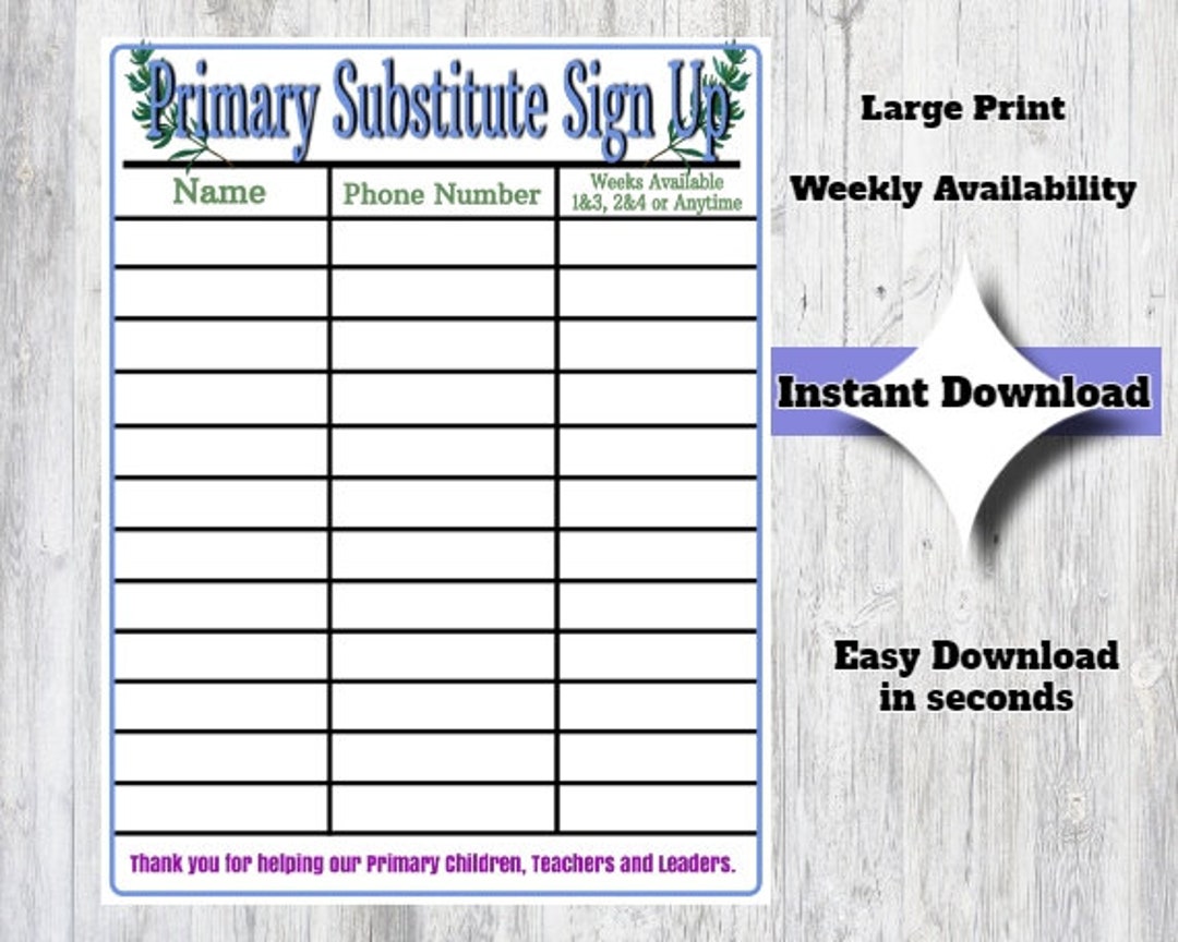 Primary Substitute Sign up List, Printable, Sign up Sheet - Etsy